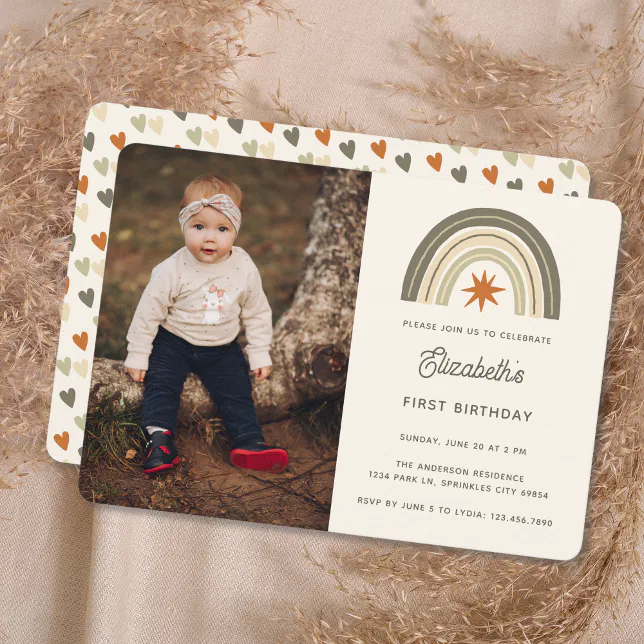 Gender Neutral Boho Rainbow Photo First Birthday Invitation | Zazzle