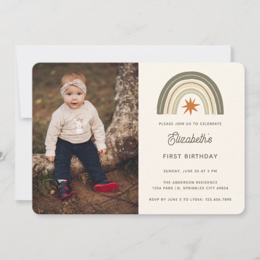 Gender Neutral Boho Rainbow Photo First Birthday Invitation | Zazzle