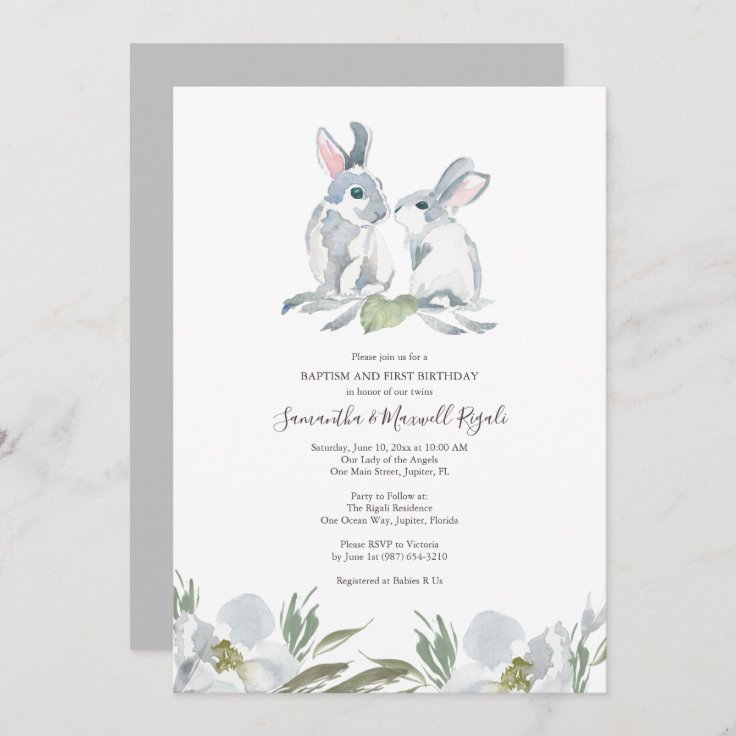 Gender Neutral Bunny Baptism and Birthday Invitation | Zazzle