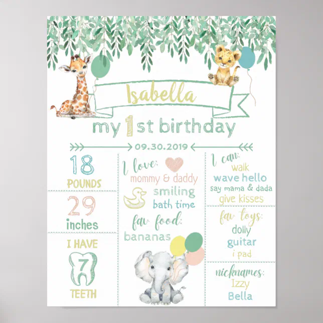 Gender neutral first birthday about me poster | Zazzle