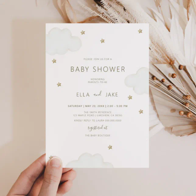 Gender Neutral Minimalist Clouds Stars Baby Shower Invitation | Zazzle