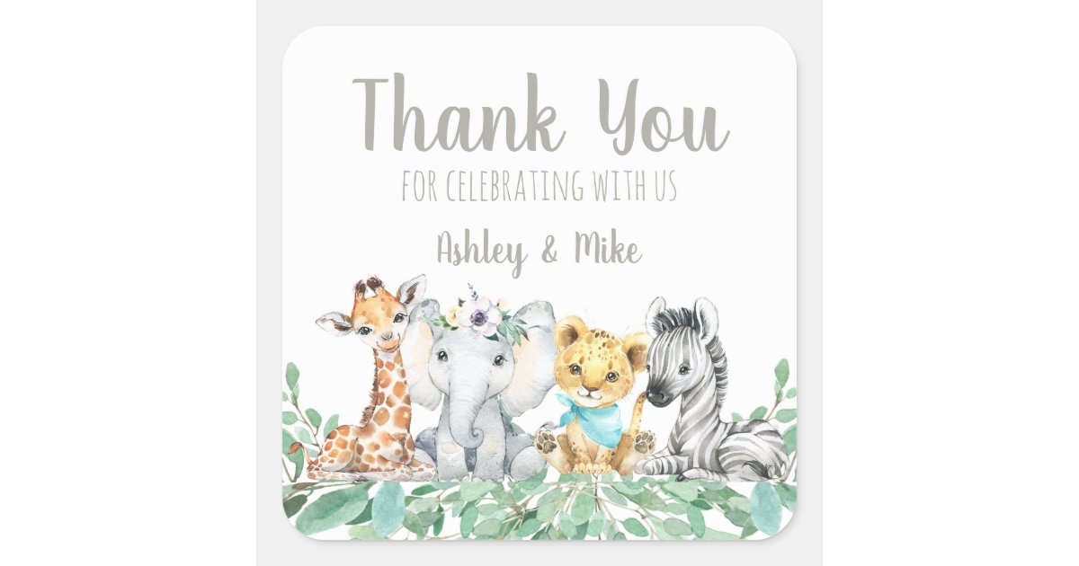 Gender Neutral Safari Baby Shower Thank You Favor Square Sticker | Zazzle