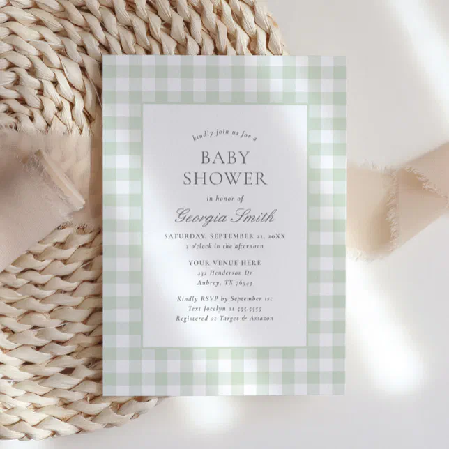 Gender Neutral Sage Green Gingham Baby Shower Invitation | Zazzle