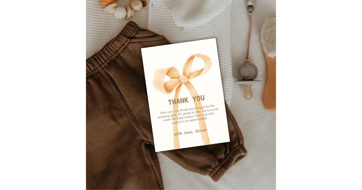 Gender Neutral Simple Bow Baby Shower Thank You Card | Zazzle