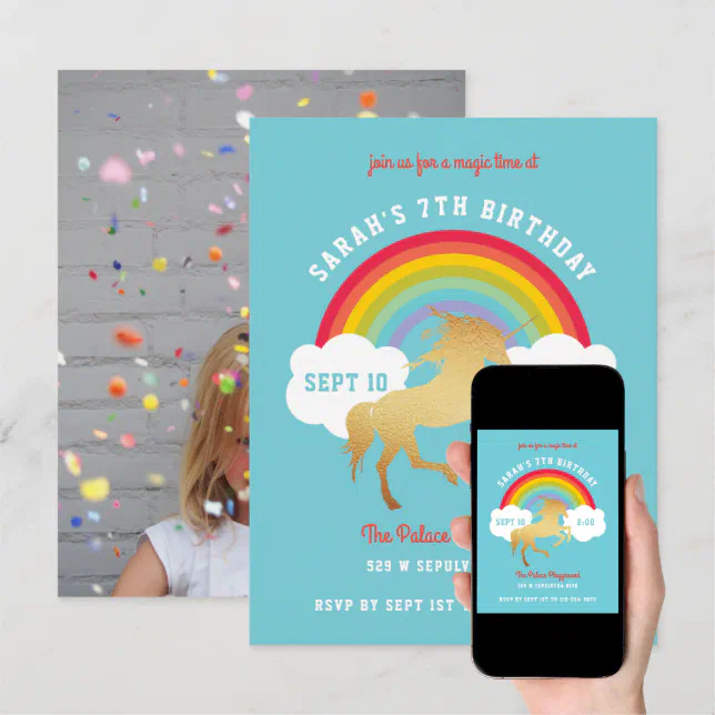 Gender Neutral Unicorn Rainbow Birthday Party Invitation | Zazzle