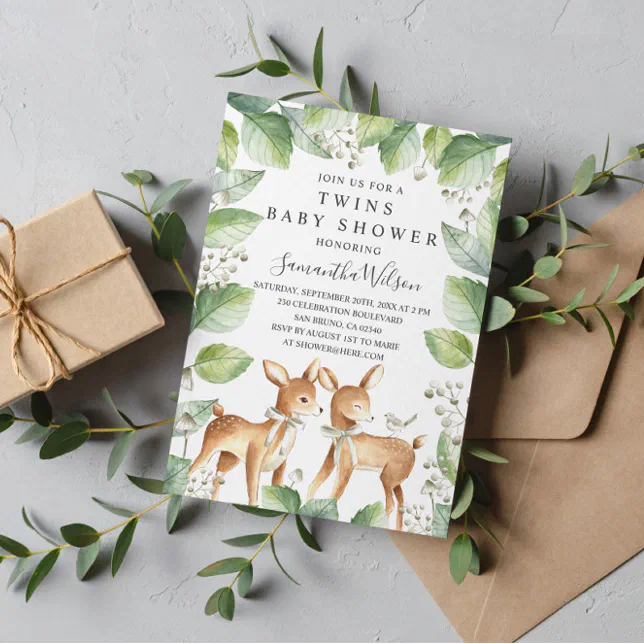 Gender Neutral Woodland Deer Twins Baby Shower Invitation | Zazzle