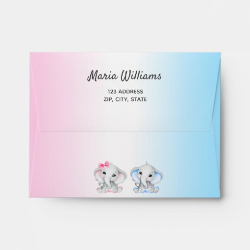Gender reveal baby shower blue pink elephants envelope | Zazzle