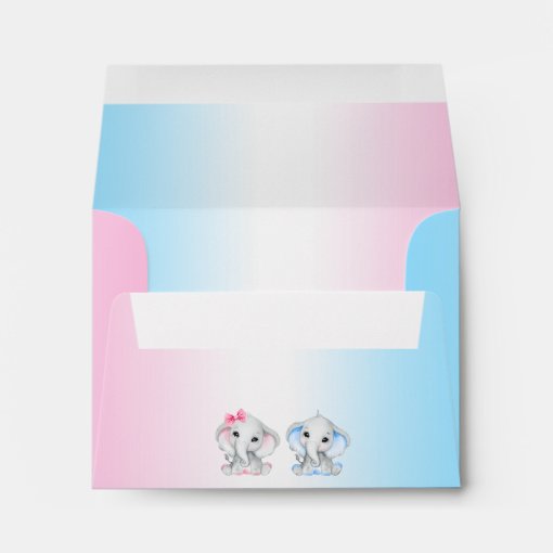 Gender reveal baby shower blue pink elephants envelope | Zazzle