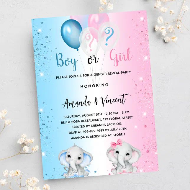 Gender reveal blue pink boy girl elephants luxury invitation | Zazzle