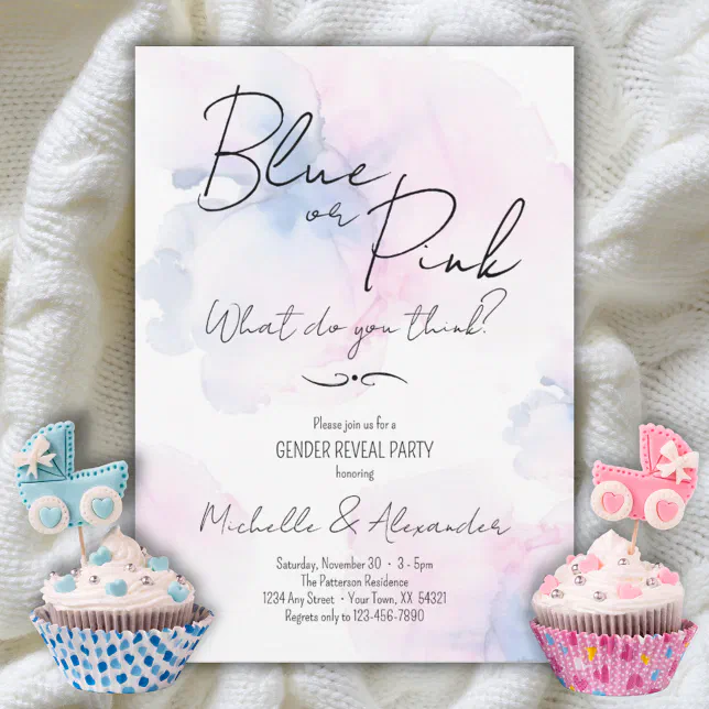 Gender Reveal Blue Pink Elegant Watercolor Party Invitation | Zazzle