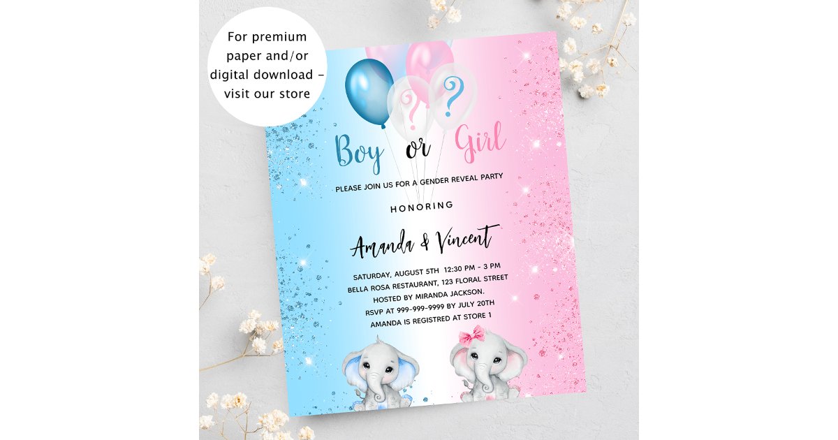 Gender reveal blue pink elephant budget invitation flyer | Zazzle