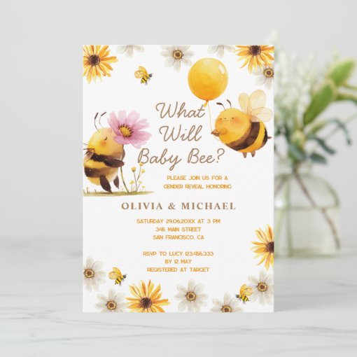 Gender Reveal Cute Yellow Bee Daisy Invitation | Zazzle