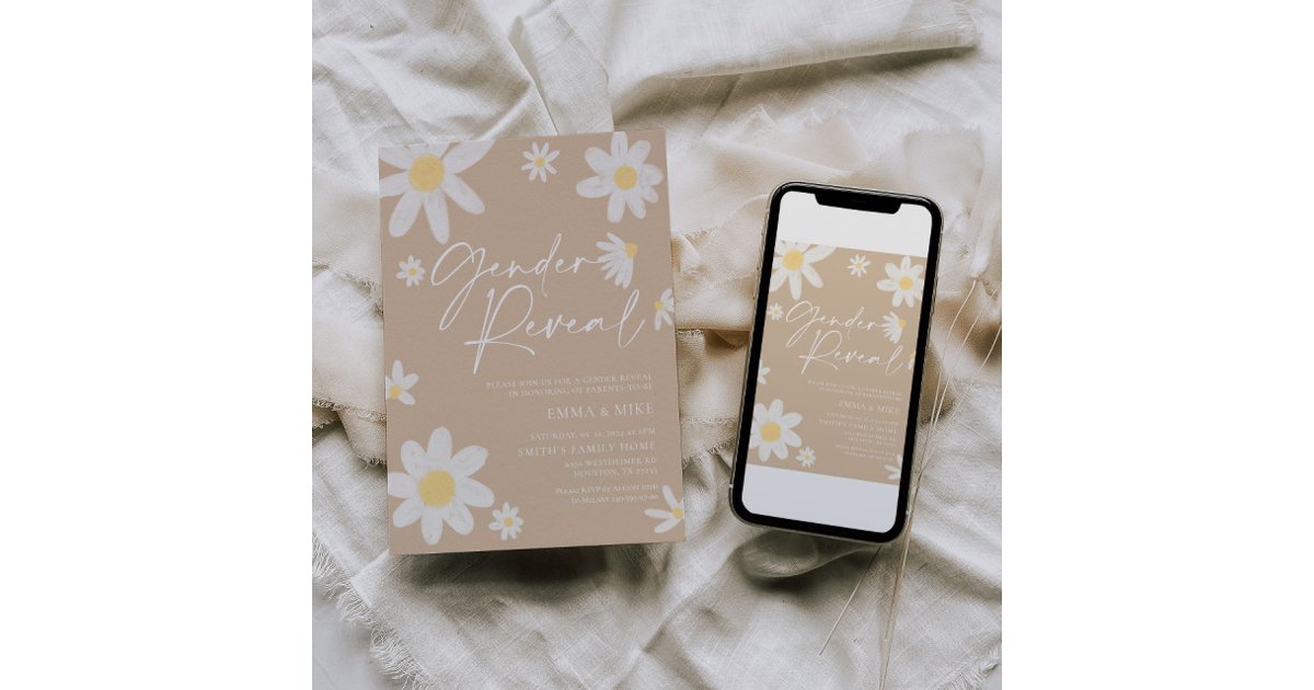 Gender Reveal Daisy Beige Invitation | Zazzle