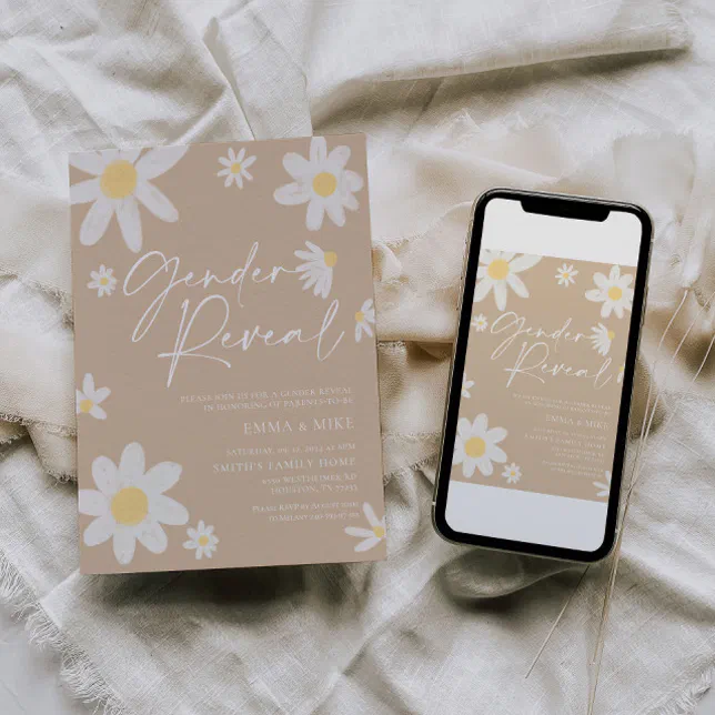 Gender Reveal Daisy Beige Invitation | Zazzle