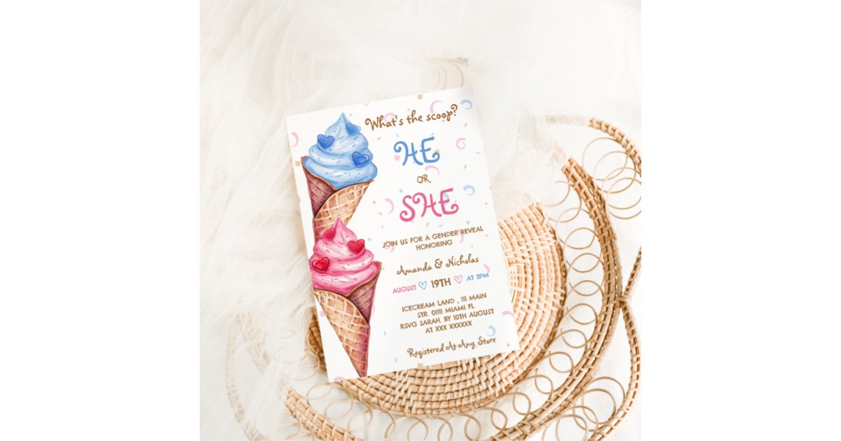 Gender Reveal He Or She Ice Cream Invitation | Zazzle