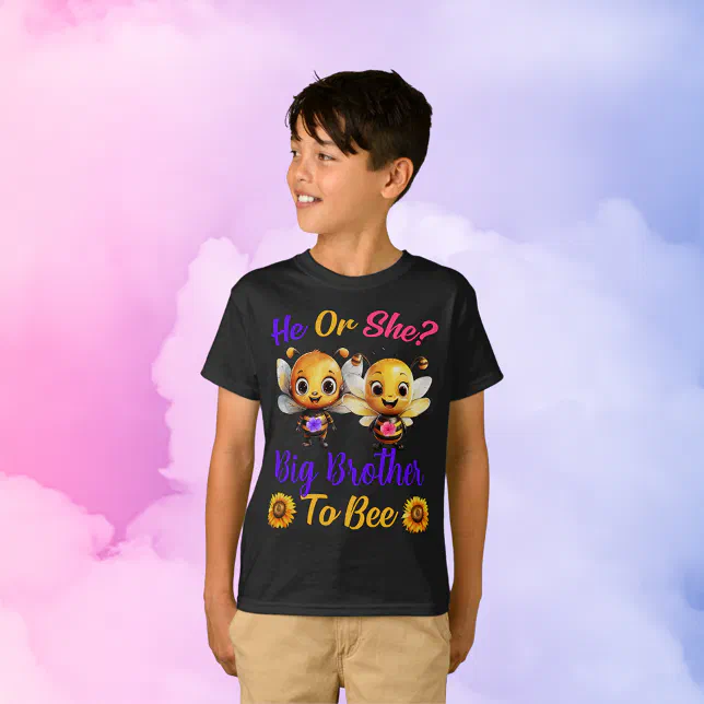Gender Reveal He She Big Brother to Bee Boys Black T-Shirt | Zazzle