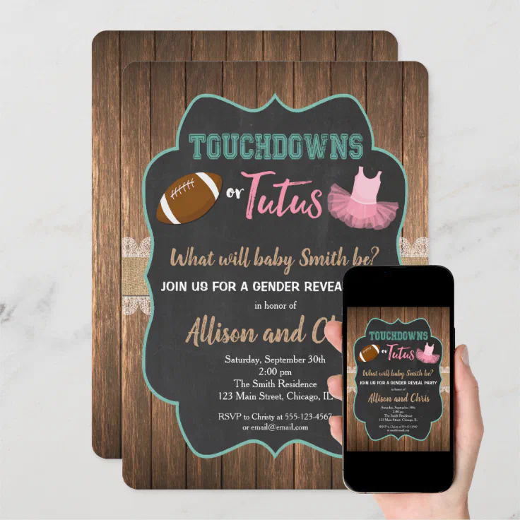 Gender reveal invitation touchdown or tutus | Zazzle Gender reveal invitation touchdown or tutus | Zazzle