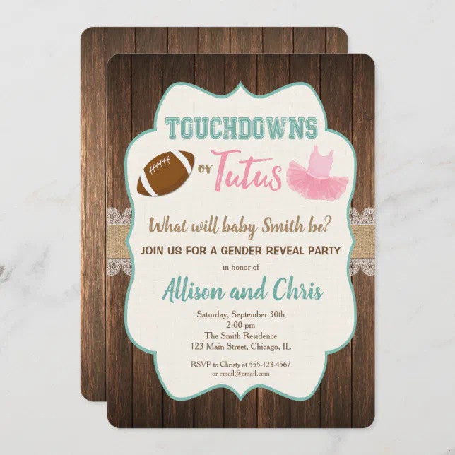 Gender reveal invitation touchdown or tutus | Zazzle