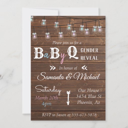 Gender Reveal Party BBQ Rustic Wood Invitation | Zazzle