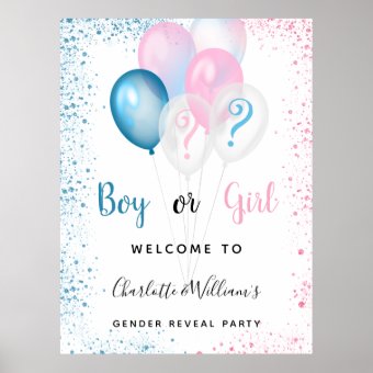 Gender reveal party boy girl blue pink glitter poster | Zazzle