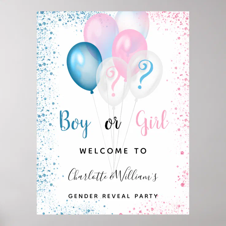 Gender reveal party boy girl blue pink glitter poster | Zazzle
