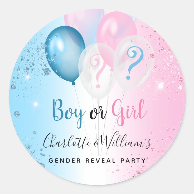 Gender reveal party pink blue boy girl balloons classic round sticker ...