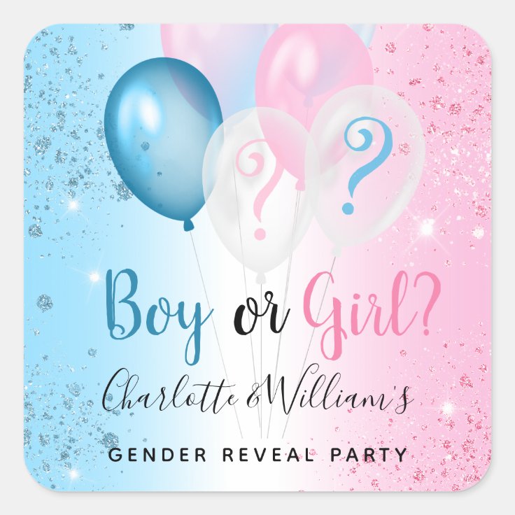 Gender reveal party pink blue boy girl balloons square sticker | Zazzle