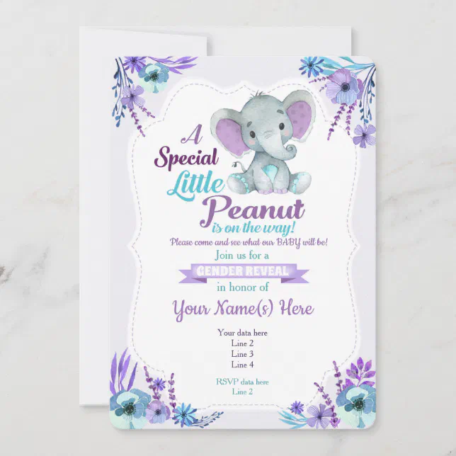 Gender Reveal Peanut Invitation Purple Teal | Zazzle