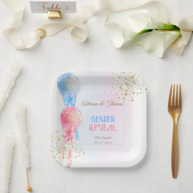 Gender Reveal Pink And Blue Balloons Paper Plates | Zazzle