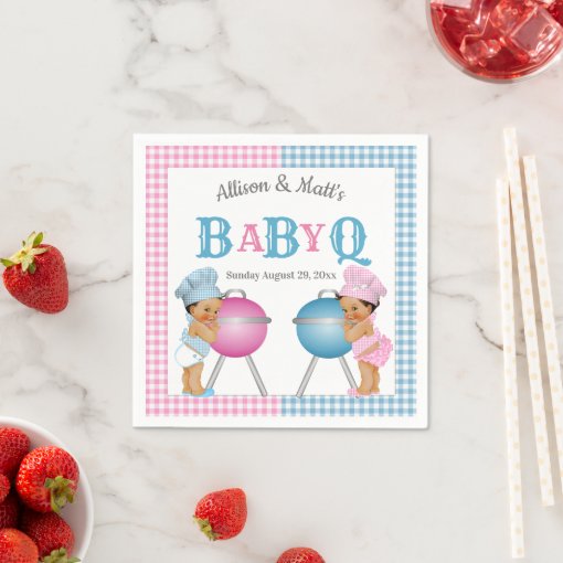 Gender Reveal Pink Blue Gingham Baby Q BBQ Napkins | Zazzle
