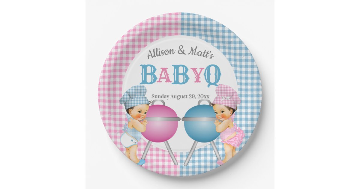 Gender Reveal Pink Blue Gingham Baby Q BBQ Paper Plates | Zazzle