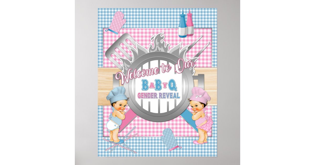 Gender Reveal Pink Blue Gingham Baby Q BBQ Poster | Zazzle