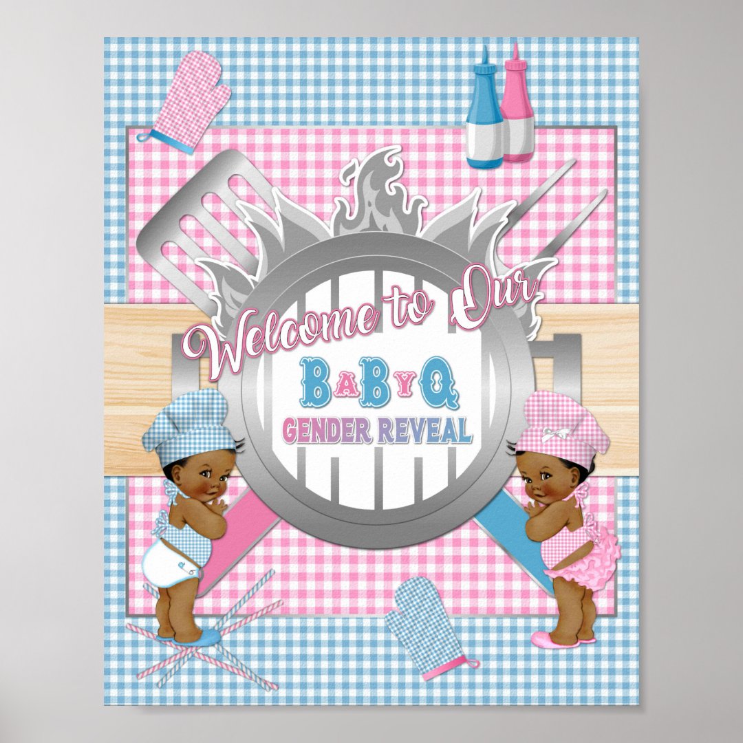 Gender Reveal Pink Blue Gingham Baby Q BBQ Poster | Zazzle