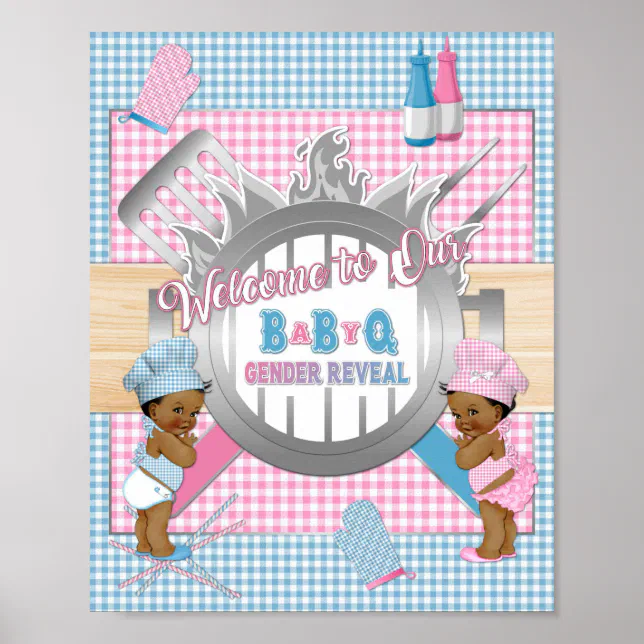 Gender Reveal Pink Blue Gingham Baby Q BBQ Poster | Zazzle