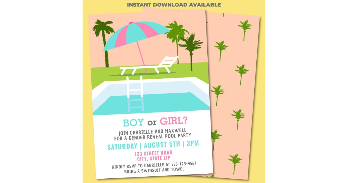 Gender Reveal Pool Party Tropical Swimming Pool Invitation | Zazzle