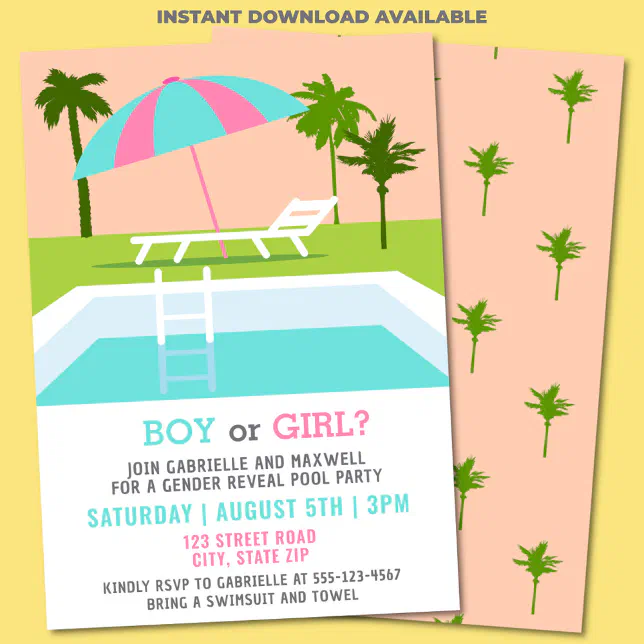 Gender Reveal Pool Party Tropical Swimming Pool Invitation | Zazzle