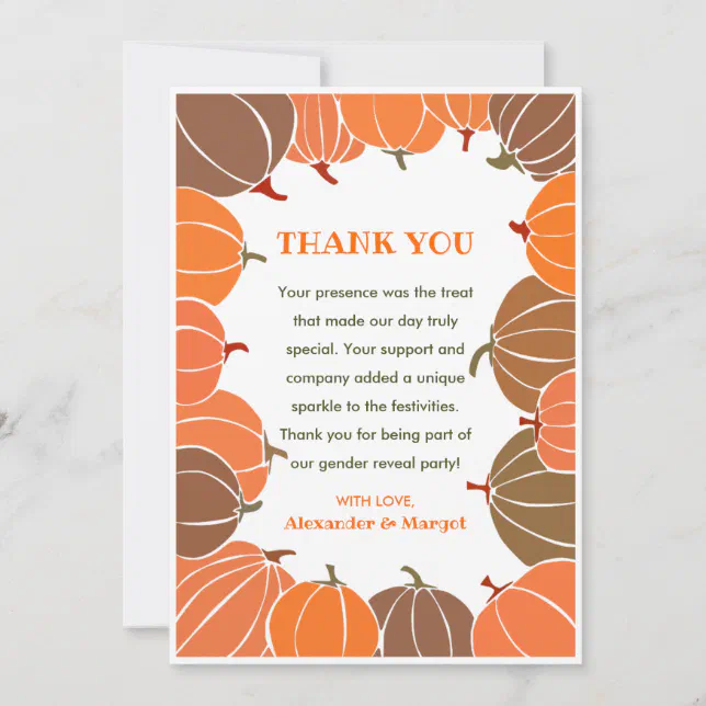Gender reveal thank you cards Pumpkin Autumn | Zazzle