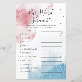 Gender Reveal Watercolor Baby Word Scramble Game | Zazzle