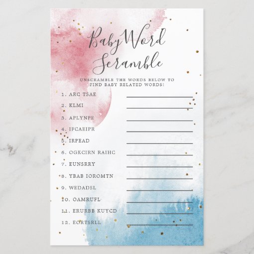 Gender Reveal Watercolor Baby Word Scramble Game | Zazzle