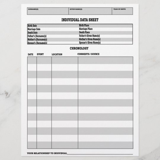 Genealogy Individual Data Sheet Chronology | Zazzle.com