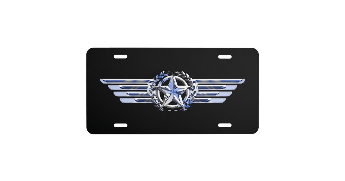 General Air Pilot Chrome Like Star Wings Black License Plate | Zazzle
