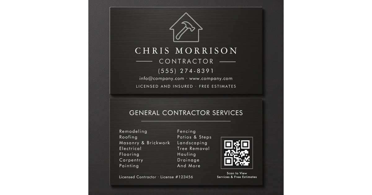 General Construction Black Silver Metallic QR Code Business Card | Zazzle