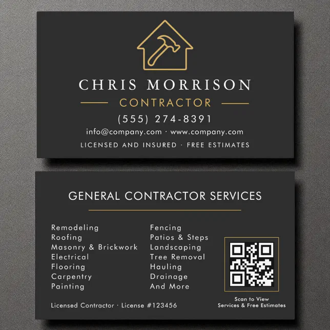 General Construction Modern Black Gold QR Code Business Card | Zazzle