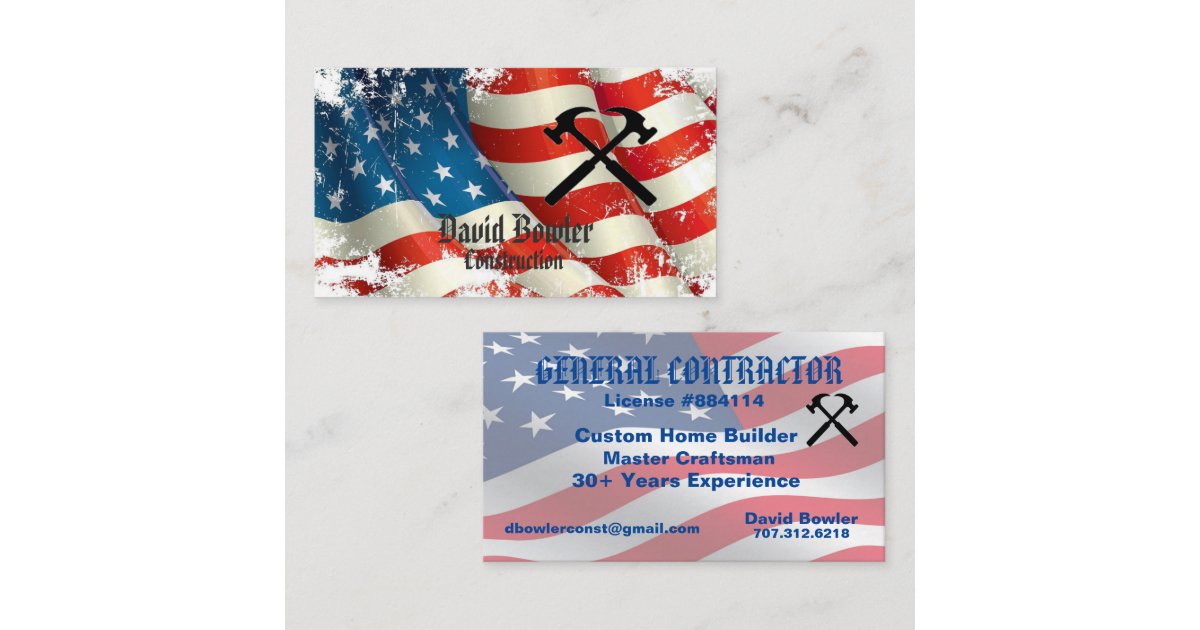 General Contractor American Flag Hammers Business Card | Zazzle