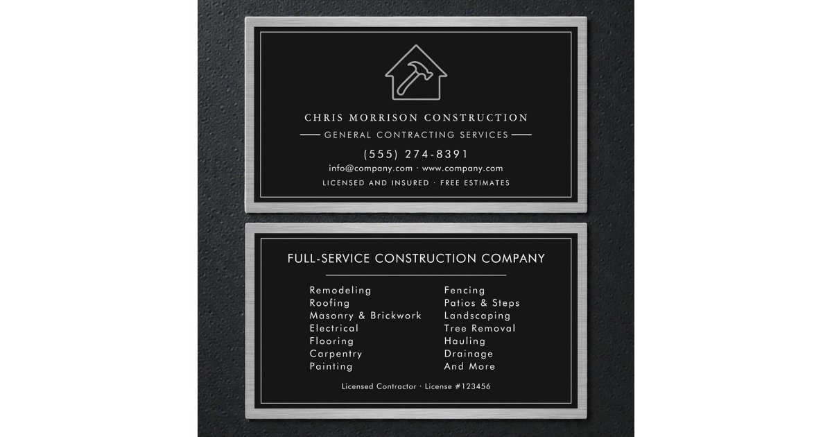 General Contractor Industrial Brushed Steel Business Card | Zazzle