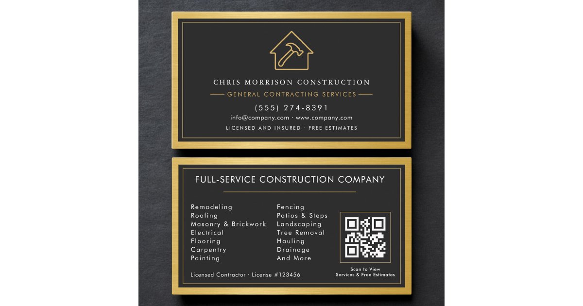 General Contractor QR Code Gold Industrial Business Card | Zazzle