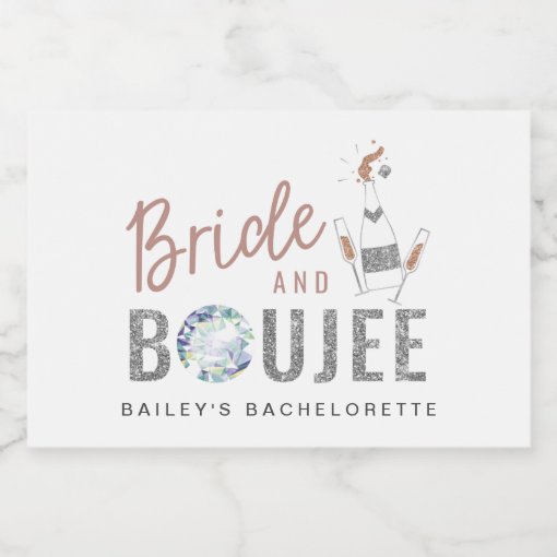 Genna - Rose Gold Silver Glitter Bride & Boujee Sparkling Wine Label ...