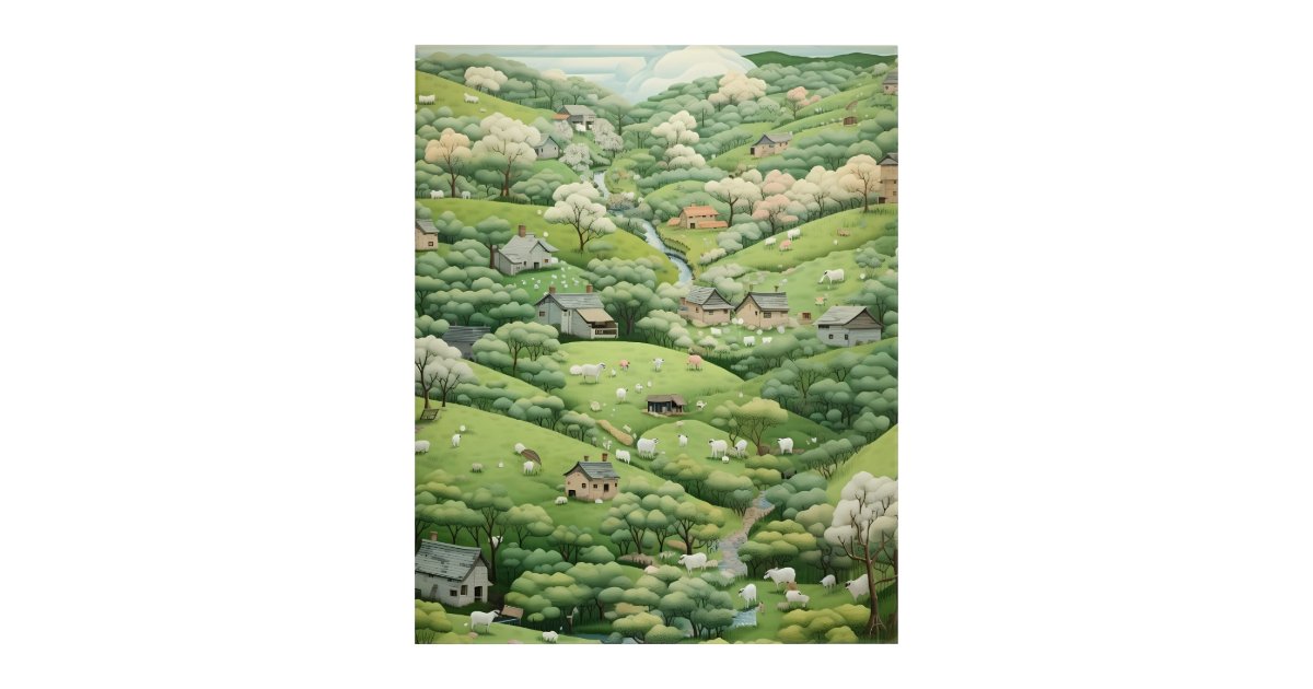 Gentle Farming Hills Houses and Animals AI Artwork Acrylic Print | Zazzle