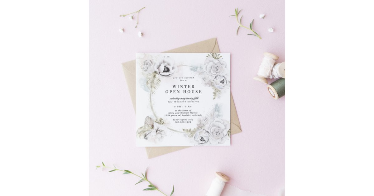 Gentle Florals Winter Open House Square Invitation | Zazzle