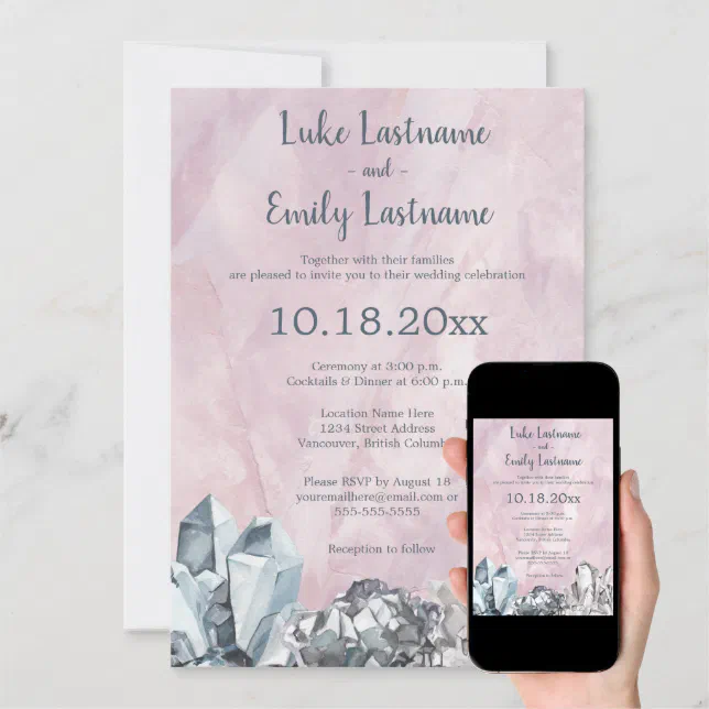 Geode & Gemstones in Pink Watercolour Wedding Invitation | Zazzle